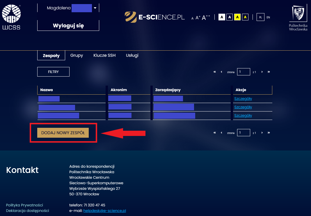 Usługa do zarządzania użytkownikami E-SCIENCE.PL | Dokumentacja WCSS