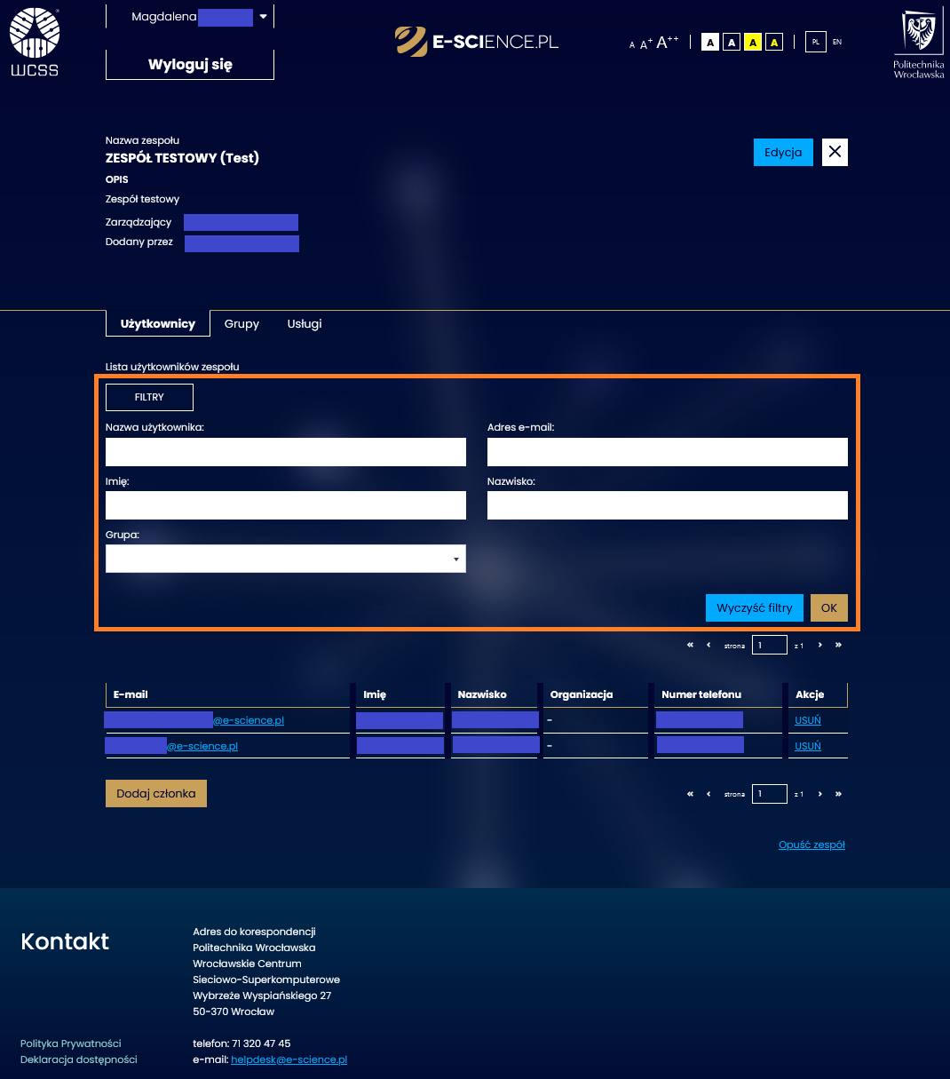 Usługa do zarządzania użytkownikami E-SCIENCE.PL | Dokumentacja WCSS